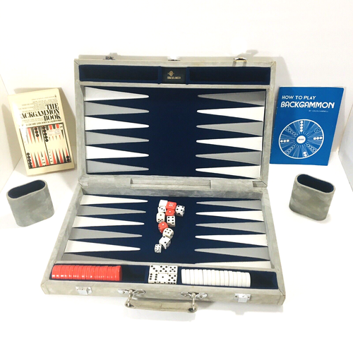 Vtg Skor-Mor Backgammon Set White blue & Grey Leather Briefcase W/Book ...