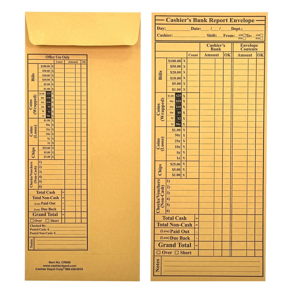 500 Cashier Depot Cashier's Bank Report Envelopes CR680 4.5 x 10.375 ...