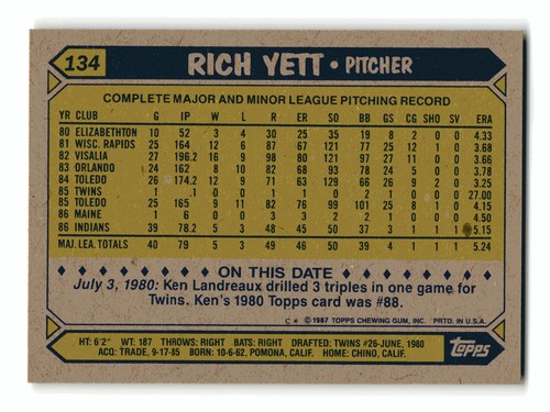 Rich Yett RC Rookie 1987 Topps #134 Cleveland Indians Centered Mint to ...