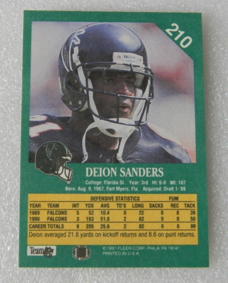 1991 FLEER FOOTBALL CARD #210 DEION SANDERS ATLANTA FALCONS EX MAY149 ...