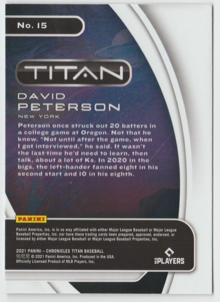 2021 Panini Chronicles Titan Baseball #15 David Peterson RC - New York ...
