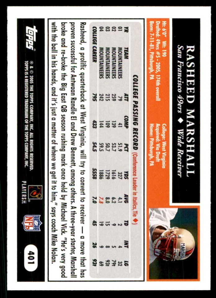 2005 TOPPS RASHEED MARSHALL SAN FRANCISCO 49ERS #401 | eBay
