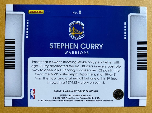 2021-22 Panini Contenders - Game Night Ticket #8 Stephen Curry for sale ...