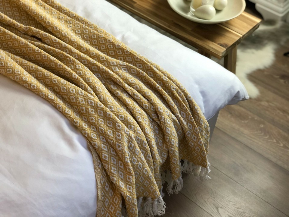 Luxury 100% Cotton Ochre Mustard Yellow Abstract Check Bed Sofa Blanket ...