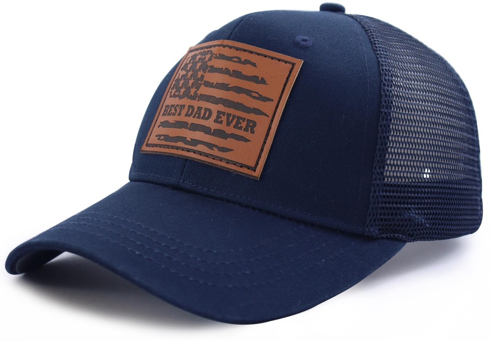 Best Dad Ever Hat for Men, American Flag Leather Patch Trucker Baseball ...