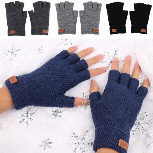 Thermal Fingerless Gloves Mens Womens Knitted Warm Winter Half Finger ...