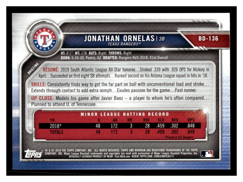 2019 Bowman Draft Jonathan Ornelas BD-136 Texas Rangers Mint | eBay