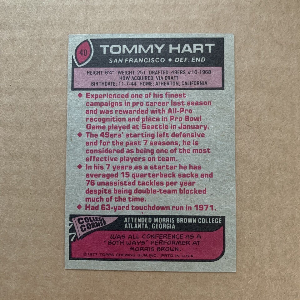 1977 Topps Tommy Hart # 40 San Francisco 49ers Football Card NFC All ...