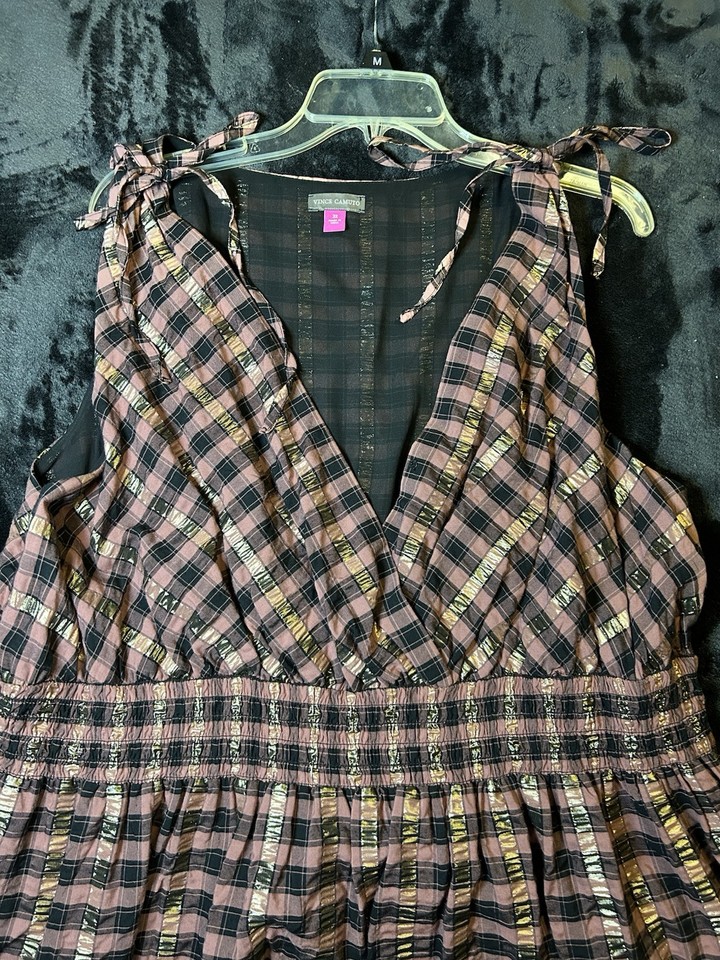 Vince Camuto Brown & Gold Metallic Pucker Plaid Maxi Dress size 3x ...