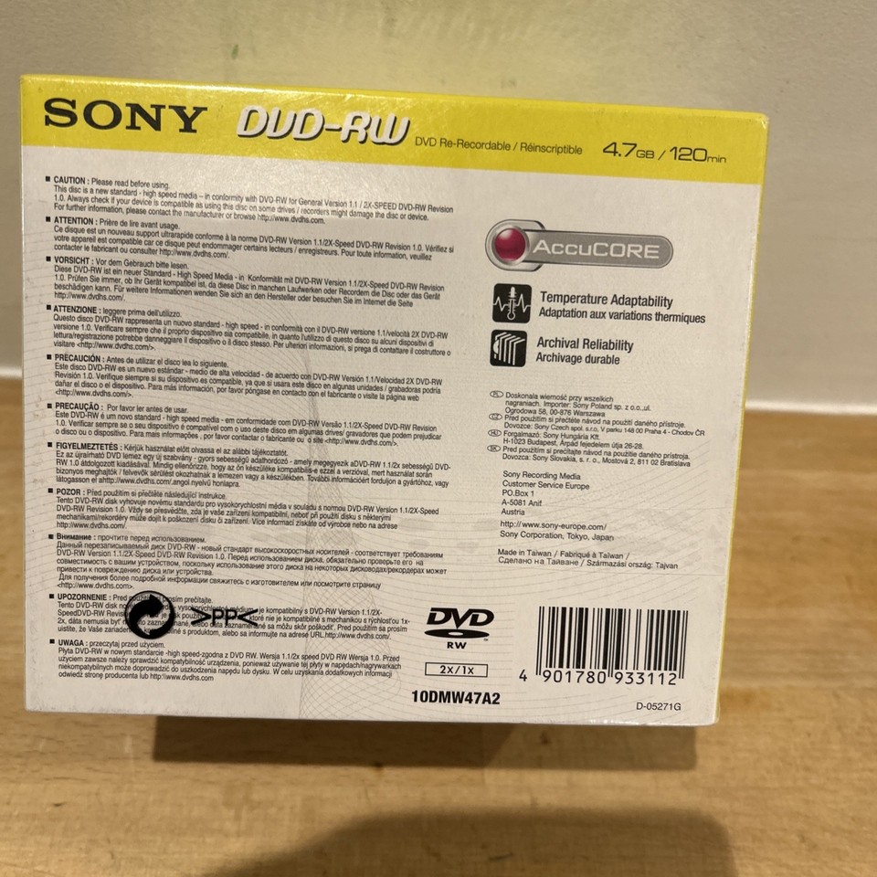 SONY DVD-RW 4.7GB/120 Min DVD x 10 DVD Re-Recordable (Brand New And ...