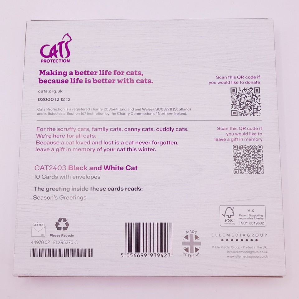 Cats Protection Christmas Cards Black & White Cat 2024 pack of 10 with ...