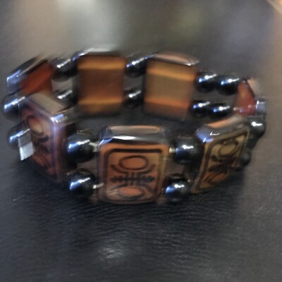 Bracelet Tribal Glass Pattern Elastic Stretch Black Brown Bead Vintage ...