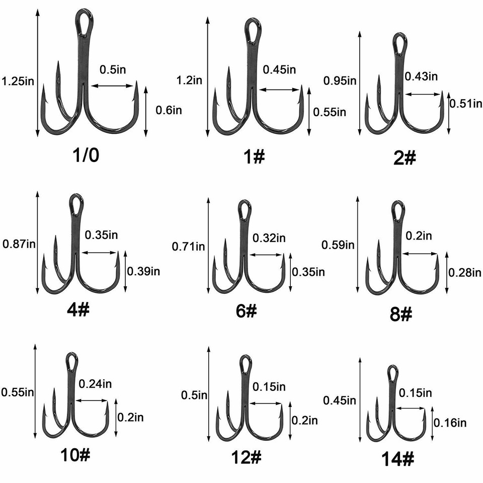100pcs Fishing Hook Sharp Treble Hooks Size 1 2 4 6 8 10 12 Red Black ...