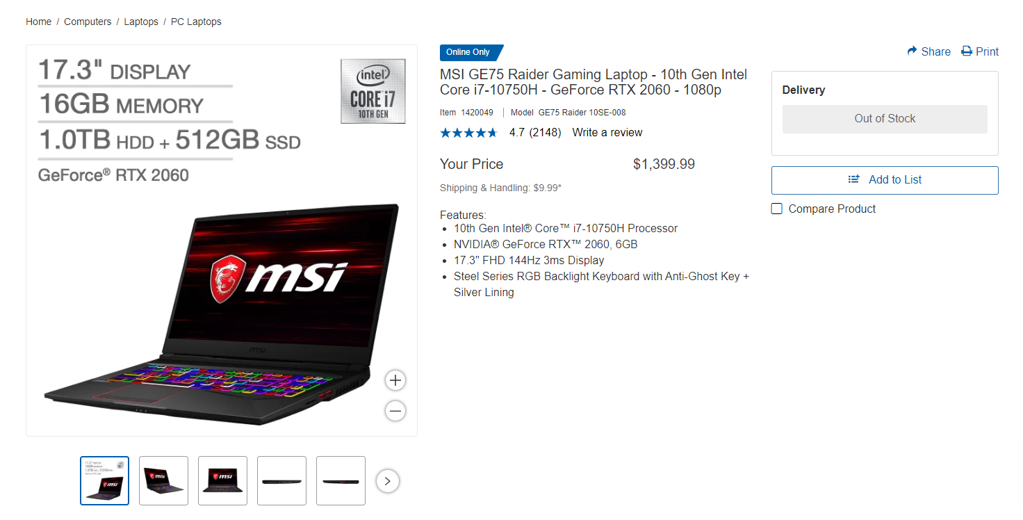 MSI GE75 Raider 10SE-008 17.3 inch (1TB + 512GB, Intel Core i7 10th Gen ...