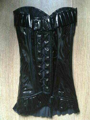 Black Faux Leather Boned Moulin Rouge Hook Basque Corset Xmas Party ...
