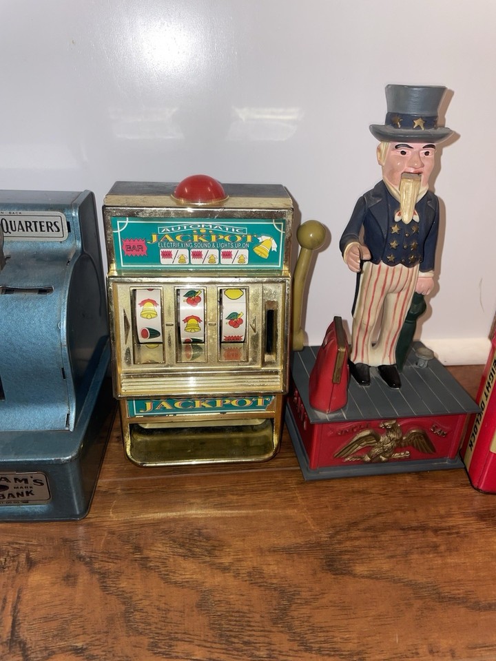 Vtg Coin Bank Lot 4 Uncle Sam 3 Coin 8 O’clock Jackpot Slot Machine 70 ...