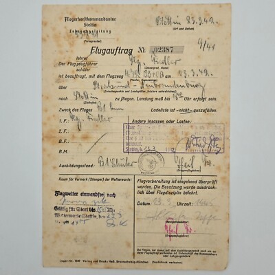 Original WW2 WWII German Luftwaffe pilot flight plan document airport ...