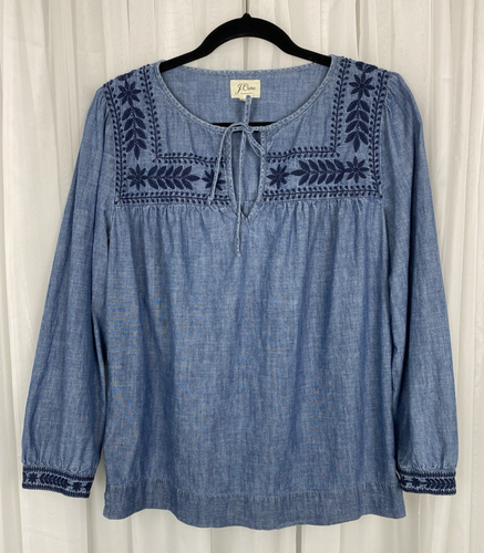 J Crew Women's Sz S Blue Chambray Denim Cotton Embroidered Top Keyhole ...