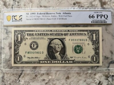 1995 $1 FEDERAL RESERVE WEB NOTE ATLANTA FR.1923-F FD BLOCK PCGS GEM 66 ...