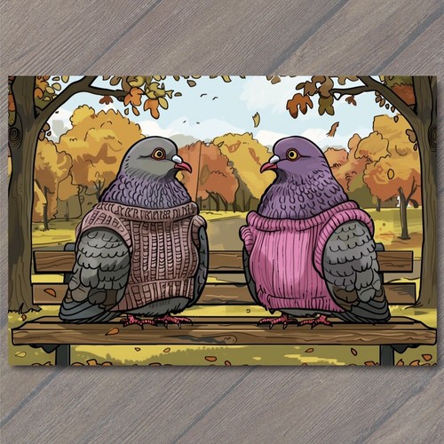 POSTCARD Pigeon Bird giant Park Bench Cartoon Smile Happy Cute Fun ...
