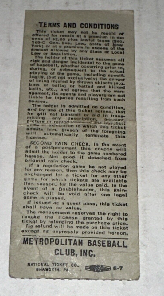 VINTAGE MR MET LOGO UNDATED NEW YORK METS MLB RAINCHECK 50C SENIOR ...