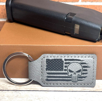 Tactical Punisher Keychain - PU Leather Grey and Black Gun USA Flag ...