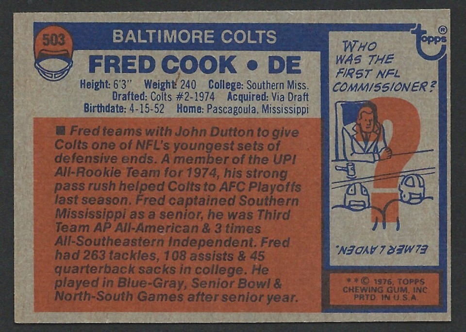 1976 TOPPS #503 FRED COOK Baltimore Colts ROOKIE University of Southern ...