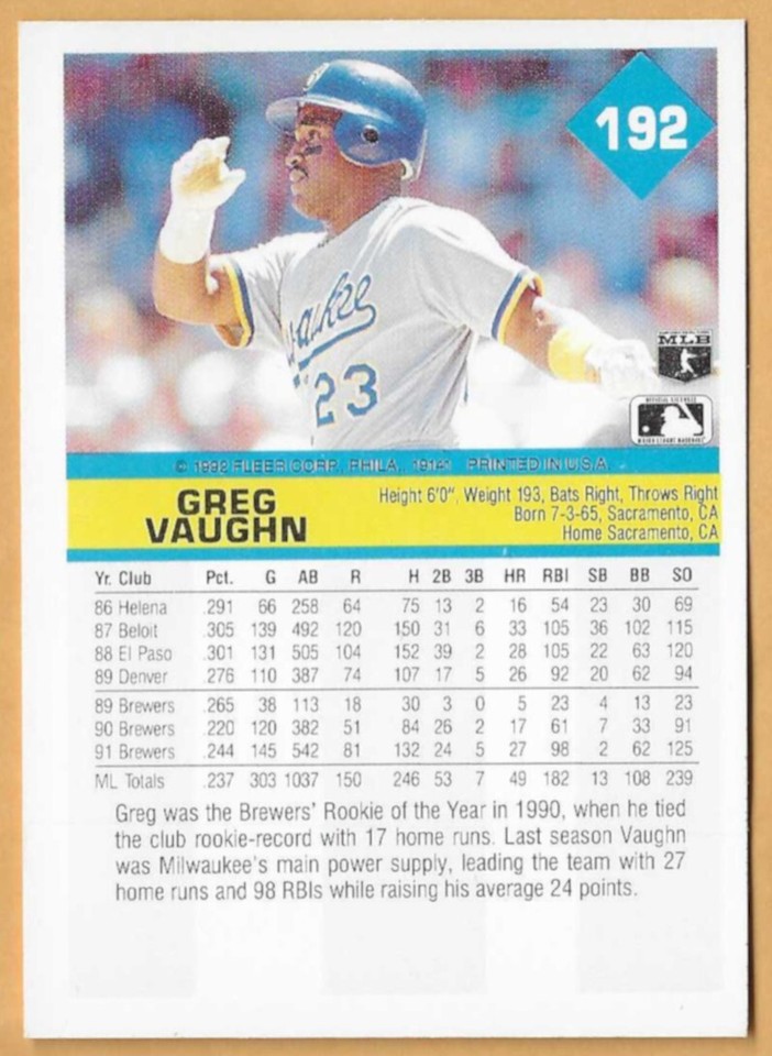 GREG VAUGHN MILWAUKEE BREWERS #192 - FLEER NM-MT 1992 | eBay