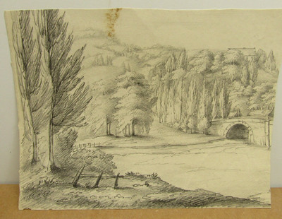 Vintage Original Artist Drawing Pencil Country Landscape Bridge Fence ...