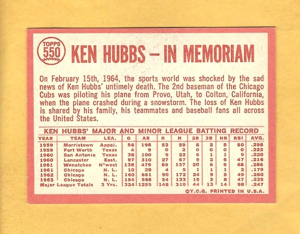 1964 topps set break HIGH # 550 KEN HUBBS chicago cubs IN MEMORIAM NM ...