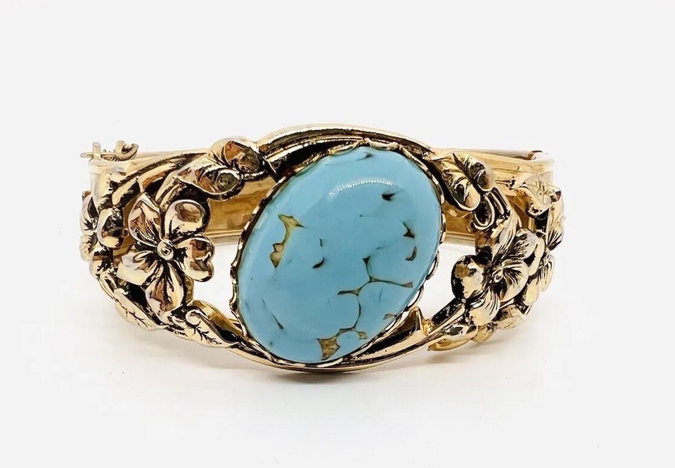 Wide Ornate Czech Hubbell Glass Floral Embossed Bangle Bracelet Vintage ...