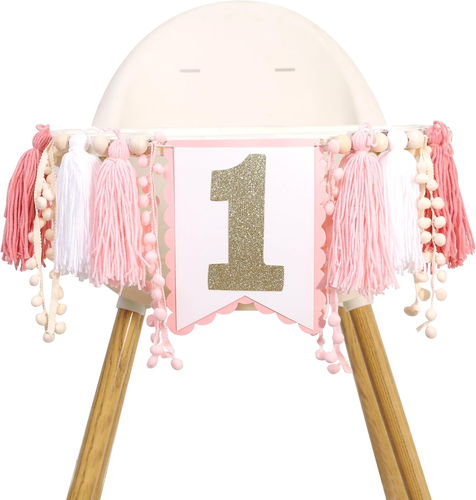 Pink White One High Chair Tassel Banner - Girls 1St Birthday Decoration ...