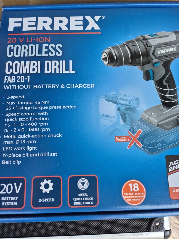 1 x New FERREX cordless Combi Drill 2025 Model Bare Tool Plus 105 Piece ...