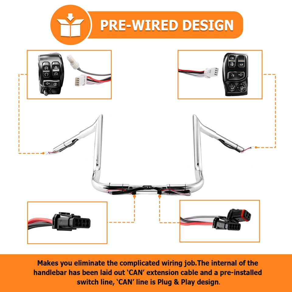 PREWIRED 12" Meat Hook Handlebar For Harley Electra Glide Street Glide ...