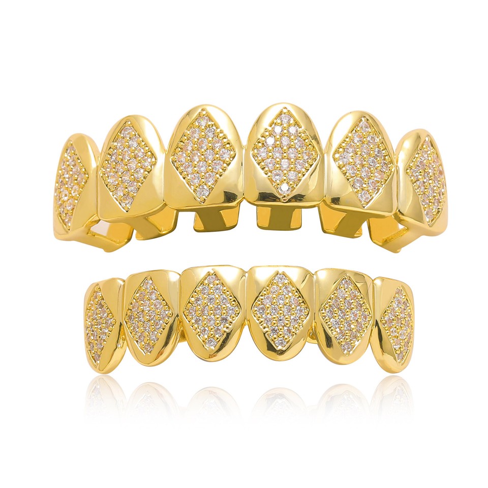 Grills Top Bottom Set ICED 5A+ CZ Gold Silver Color Rapper Teeth Grillz ...
