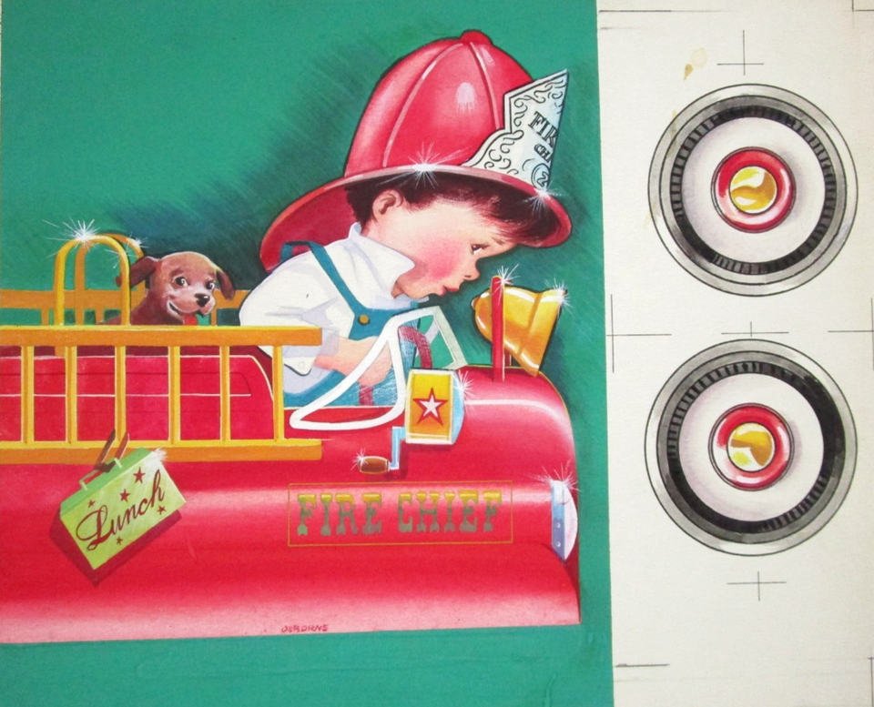 1951 FIRE TRUCK signed ORIGINAL CHILDREN'S BOOK PAINTING cel drawing ...