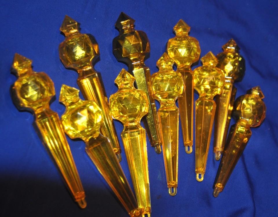 10 VTG JEWELBRITE 1950'S GOLD PLASTIC XMAS ORNAMENTS, GEOMETRIC ICICLES ...