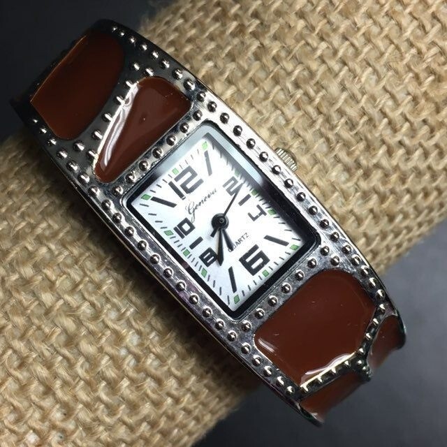 Geneva Ladies Bangle Watch Brown Silver Hinged Animal Print Costume ...