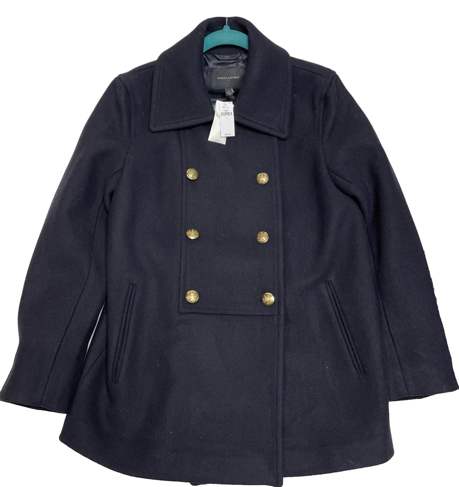 NWT BANANA REPUBLIC Women's Dark Navy Blue Pea Coat Gold Nautical ...