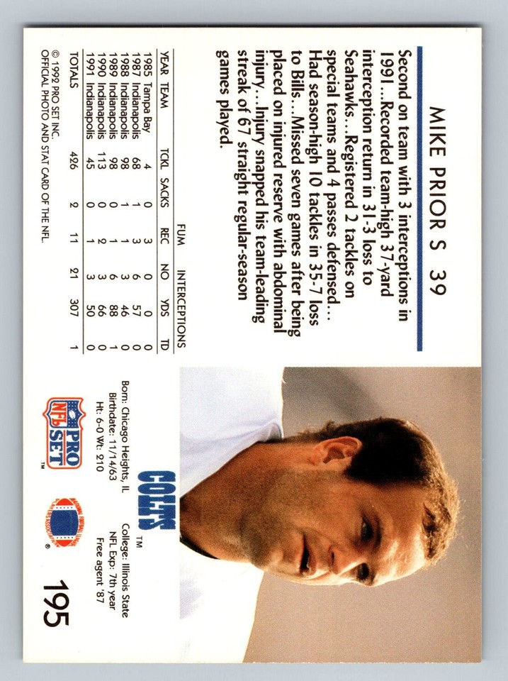 1992 Pro Set #195 Mike Prior Indianapolis Colts | eBay