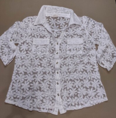 Ember Sheer Daisy Floral White Button Down Top SZ M | eBay