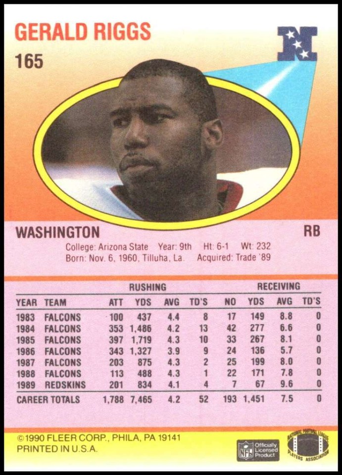 1990 Fleer #165 Gerald Riggs NM-MT Redskins | eBay