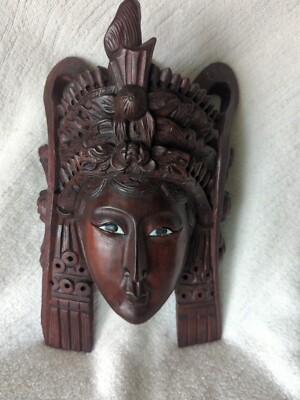 Carved Asian Mask Face Wall Decor Dark Mahogany Wood Crowned Queen Eyes ...