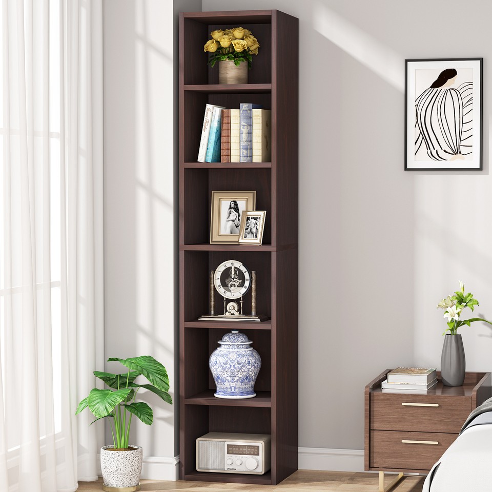 71" Tall Narrow Bookcase Bookshelf for Living Room 6-Tier Wood Storage ...