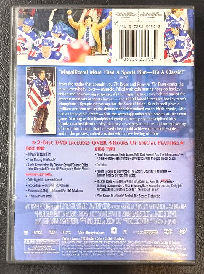 MIRACLE Disney DVD Movie 2 Disc set Hockey Kurt Russell w/ Insert Slip ...