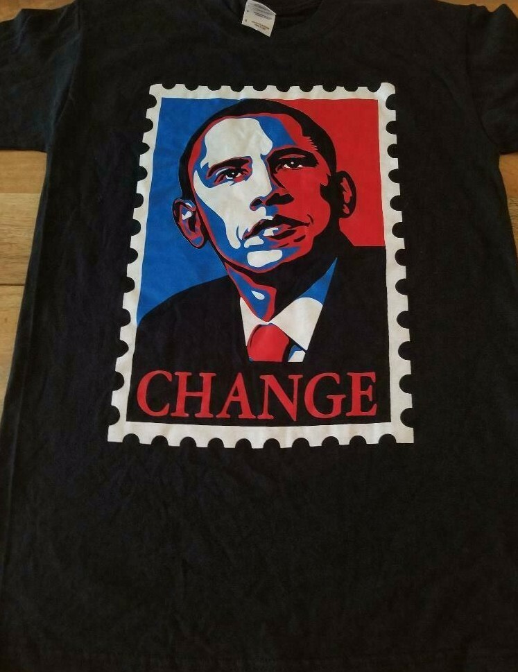 BARACK OBAMA CHANGE T-SHIRT POSTAGE STAMP DESIGN BLAC… - Gem