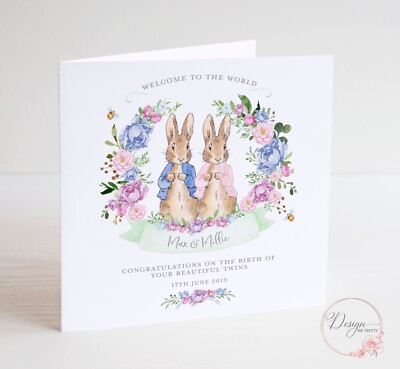 PERSONALISED PETER RABBIT Twin New Baby Card - Baby Boy and Girl | eBay UK
