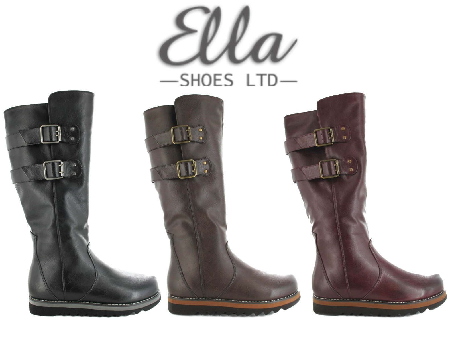 Ladies Ella Flat Boots Mid Calf Buckle Faux Leather Winter Warm Faux ...