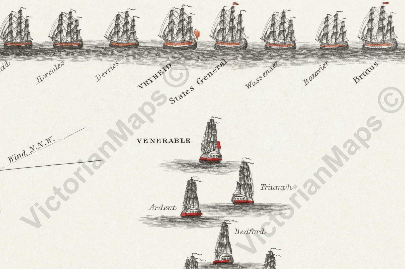 Battle of Camperdown 1797 plan Johnston map Alison's Atlas 1850 art ...