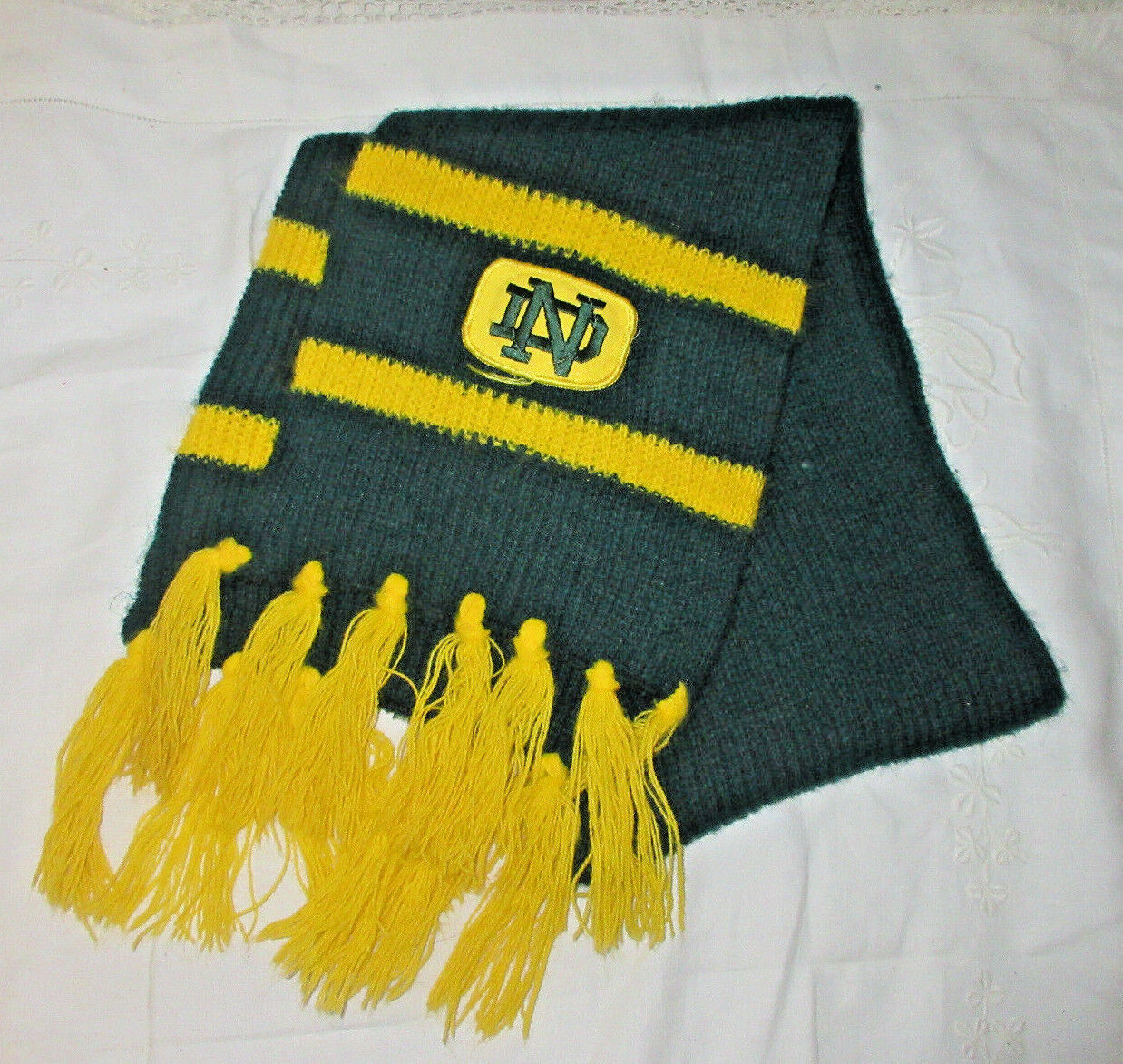 NOTRE DAME UNIVERSITY KNIT SCARF, GREEN and YELLOW VINTAGE 50" (P). | eBay